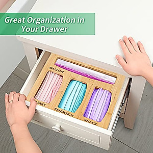 Ziplock Bag Organizer, Plastic Bag Storage, Food Storage Bag Bamboo Holder for Kitchen Drawer, Compatible with Ziplock Gallon, Quart, Sandwich & Snack Variety Size Bag