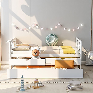 Twin Captain’s Bed, Wood Storage Daybed with Trundle and Drawers, Wooden Platform Bed with Storage for Kids Teens and Adults, White