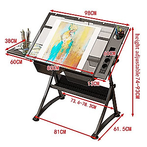 VejiA Glass Drafting Table, Height Adjustable Drawing Desk with Stool, Tiltable Desk Art Table 0°-50°, Tempered Glass Top Painting Desk, Art Craft Work Station, with