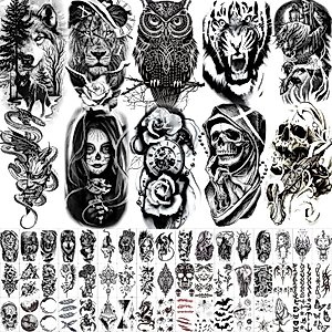 Hotoyannia 82 Sheets Large-Size Black Temporary Tattoos Stickers, Includes 10 Large-Size Fake Tattoos That Look Real and Last Long, Halloween Tattoos Include Wolf Lion Tiger Skeleton Skull Tattoos