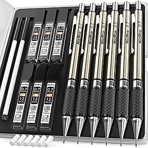 Nicpro 0.7 mm Art Mechanical Pencils Set, 6 PCS Metal Drafting Pencil 0.7mm Tube HB Lead Refills & 18 Cap Eraser for Adults, Children, Artist Writing, Drawing, Sketching, Black, 1 Count (Pack of 6)