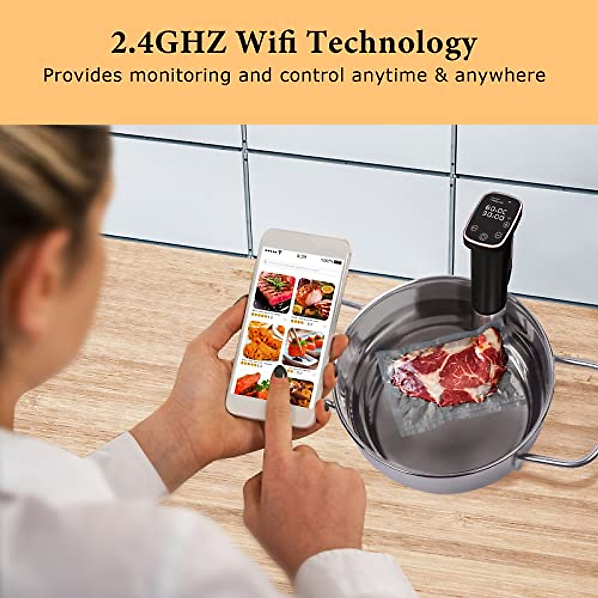 Sous Vide Cooker, WIFI Sous Vide Machine Precisional Cooker, IPX7 Waterproof, 1100 Watts Quiet Fast-Heating Sous Vide Cooking Machine Immersion Circulator with Recipes on APP and Sous Vide Cooking Precisional Machine