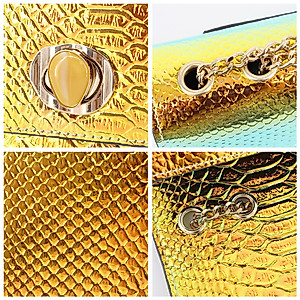 Gabrine Womens Evening Bag Holographic Snake Skin Leather Shoulder Bag Crossbody Bag with Detachable Chain, Yellow