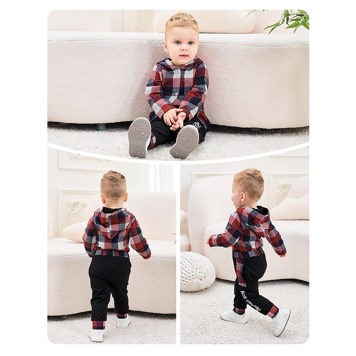 Fuermos Newborn Infant Baby Boy Clothes Plaid Button Long Sleeve Hoodies Romper+ Mama's and Boy Pants Outfits Set