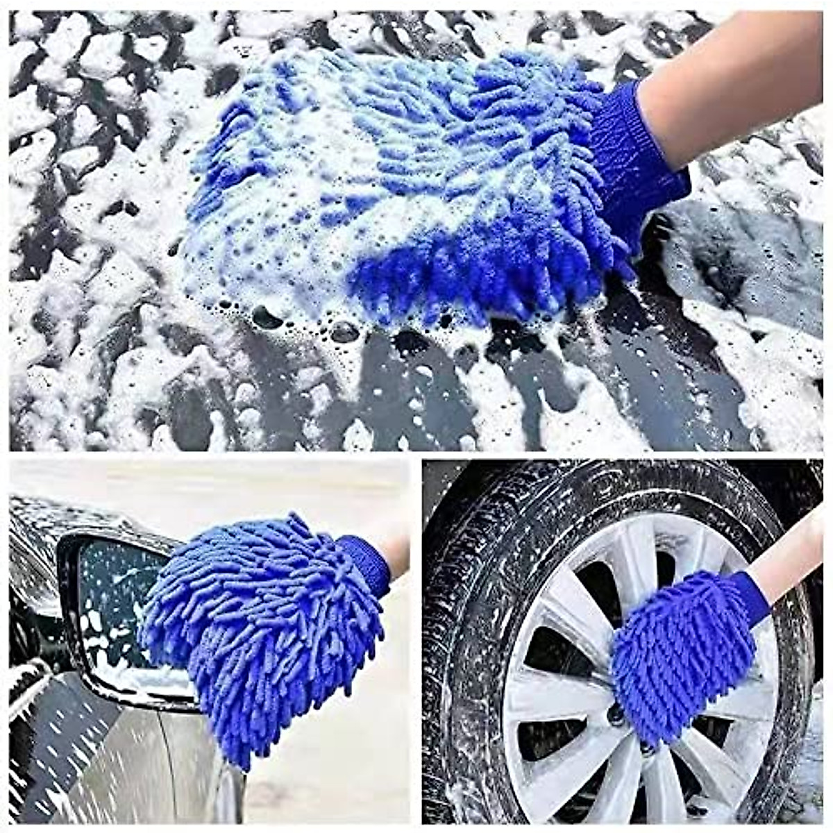 GAORONG Car wash Cleaning Supplies 3-Piece Set Premium Chenille Microfiber Washing Sponge-Washing Gloves-Washing Towel-no lint Scratches-Super Soft Cleaning Gloves with Handbag Gloves