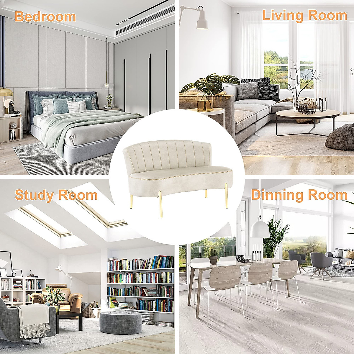 annjoe Loveseat Settee Upholstered Sofa Couch Banquette Bench Ottoman with Backrest and Golden Metal Legs for Dining Room Living Room Bedroom Funiture