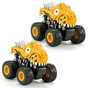 Henoda Dinosaur Toys Pull Back Cars, 2 Pack Monster Truck for 3+ Year Old Boy, Educational Push and Go Friction Powered Cars, Easter Birthday Gifts for 3 4 5 6 Year Old Boys Girls(Yellow)