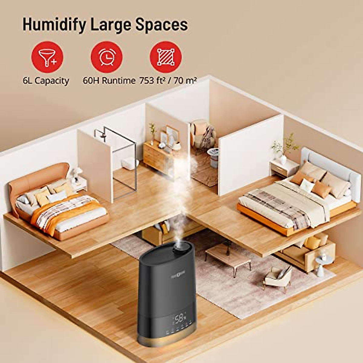 Humidifiers for Large Room,PARIS RHÔNE 6L Ultrasonic Cool and Warm Mist Humidifiers for Home Bedroom,Top Fill Air Humidifier with Remote,Humidity Sensor,LED Panel,Essential Oil, Valentine Gifts