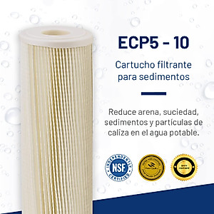 Pentair Pentek ECP5-10 Sediment Water Filter, 10-Inch, Under Sink Pleated Cellulose Polyester Replacement Cartridge, 10" x 2.5", White End-Cap, 5 Micron