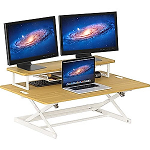 SHW 36-Inch Over Desk Height Adjustable Standing Desk with Monitor Riser, Oak