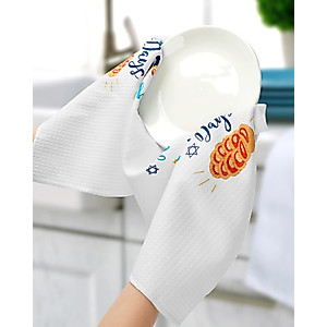 Vansolinne Hanukkah Kitchen Towels Chanukah Dish Towels Decorative Waffle Tea Towels Set of 4 - Fun Hostess Kitchen Decor Hanukkah Decorations, Housewarming Presents