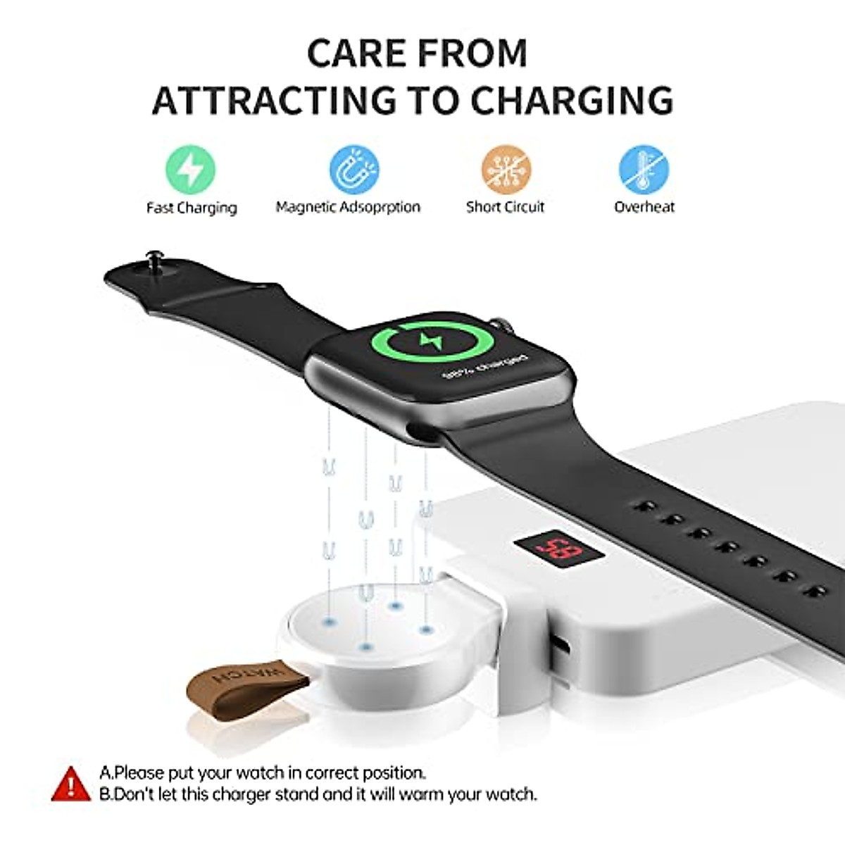 NEWDERY Charger for Apple Watch Portable iWatch USB Wireless Charger, Travel Cordless Charger with Light Weight Magnetic Quick Charge for Apple Watch Ultra Series 8 7 SE 6 5 4 3 2 1, White