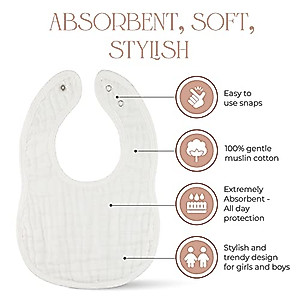 Comfy Cubs Muslin Baby Bibs, Drool Bibs 8 Pack, 100% Cotton Adjustable Size with Easy Snaps, Teething & Drooling Soft and Absorbent, Washable and Reusable