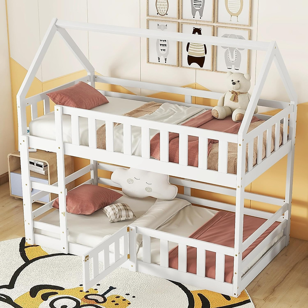 MERITLINE House Bunk Bed with Fence and Door, Wood Kids Bunk Beds Twin Over Twin with Roof, Floor Bunk Bed Loft Beds for Girls Boys, Easy Assembly, White