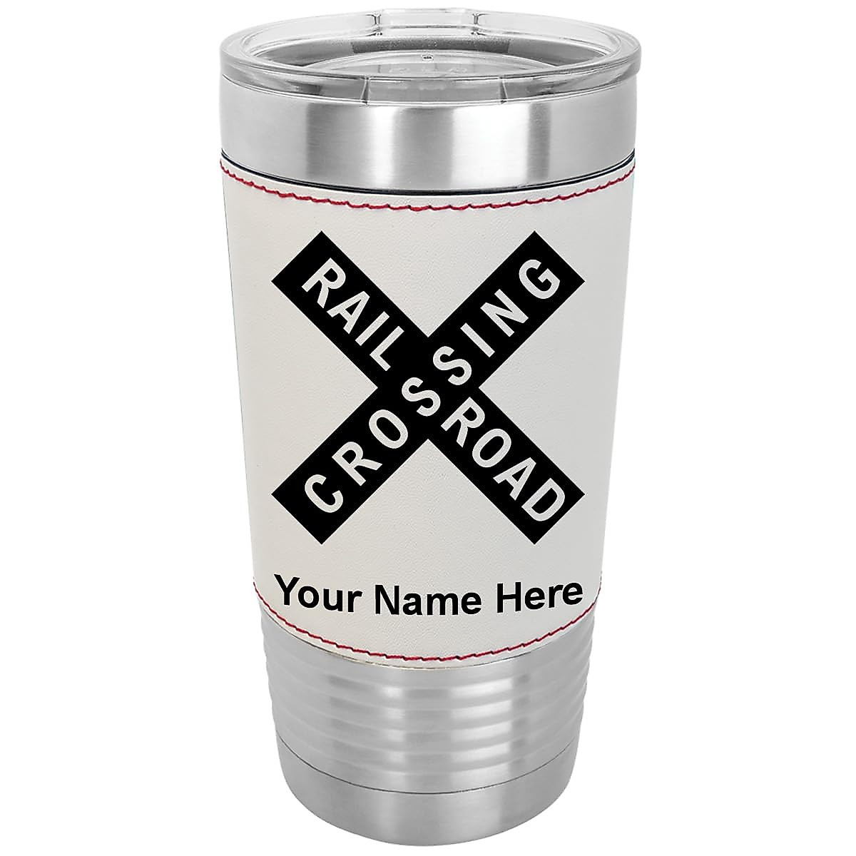 LaserGram 20oz Vacuum Insulated Tumbler Mug, Railroad Crossing Sign 1, Personalized Engraving Included (Faux Leather, Baseball Style)