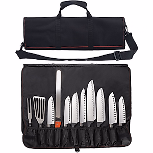 Tosnail Chef Knife Case Roll Bag with 21 Slots & 1 Large Zipper Pocket, Easy Carry Handle and Shoulder Strap - Black