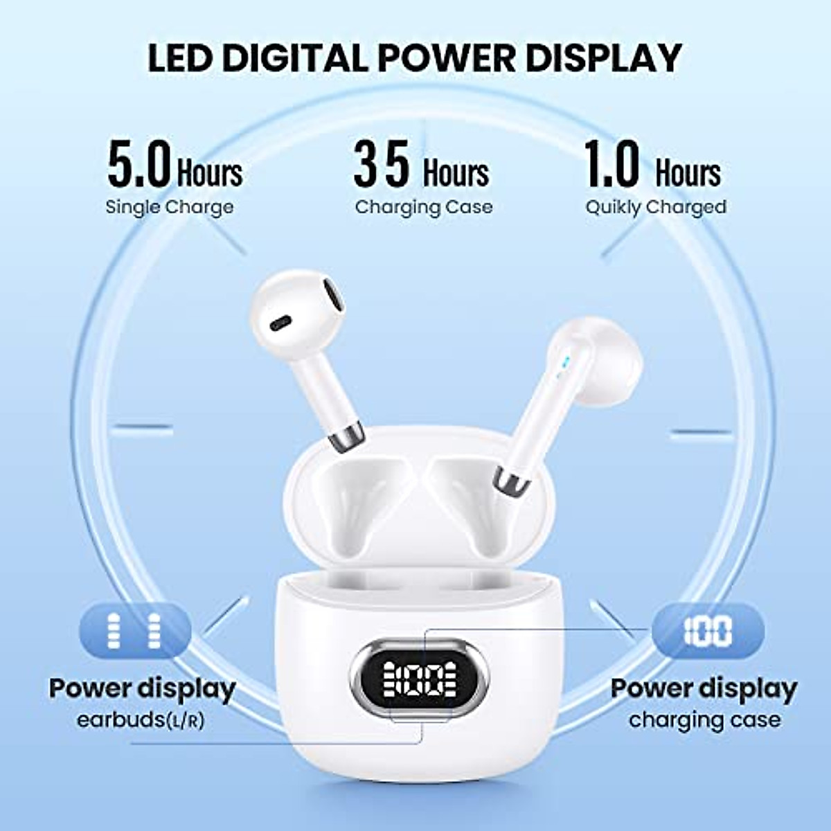 Wireless Earbuds 5.3 Wireless Headphones with LED Display Charging Case, Waterproof IPX7 Hands-Free Headset with Mic, Hi-Fi Stereo Sound, Touch Control, 40 Hours Playback, for iPhone/Android, White