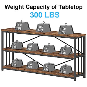 IBF Low Rustic 3 Tier Bookshelf, Industrial Horizontal Wood Bookcase, Farmhouse Long Wide Open Metal Etagere, Modern Large Vintage Book Shelf for Home Office Bedroom Living Room, Rustic Brown, 63 Inch