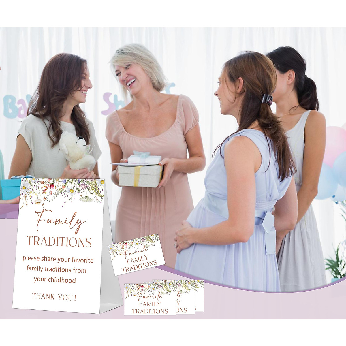 Baby Shower Games Family Traditions Sign, 1 Standing Sign and 50 Cards, Boho Floral Gender Neutral Decoration, Gender Reveal Party, Bridal Shower Favor Supplies-LT18