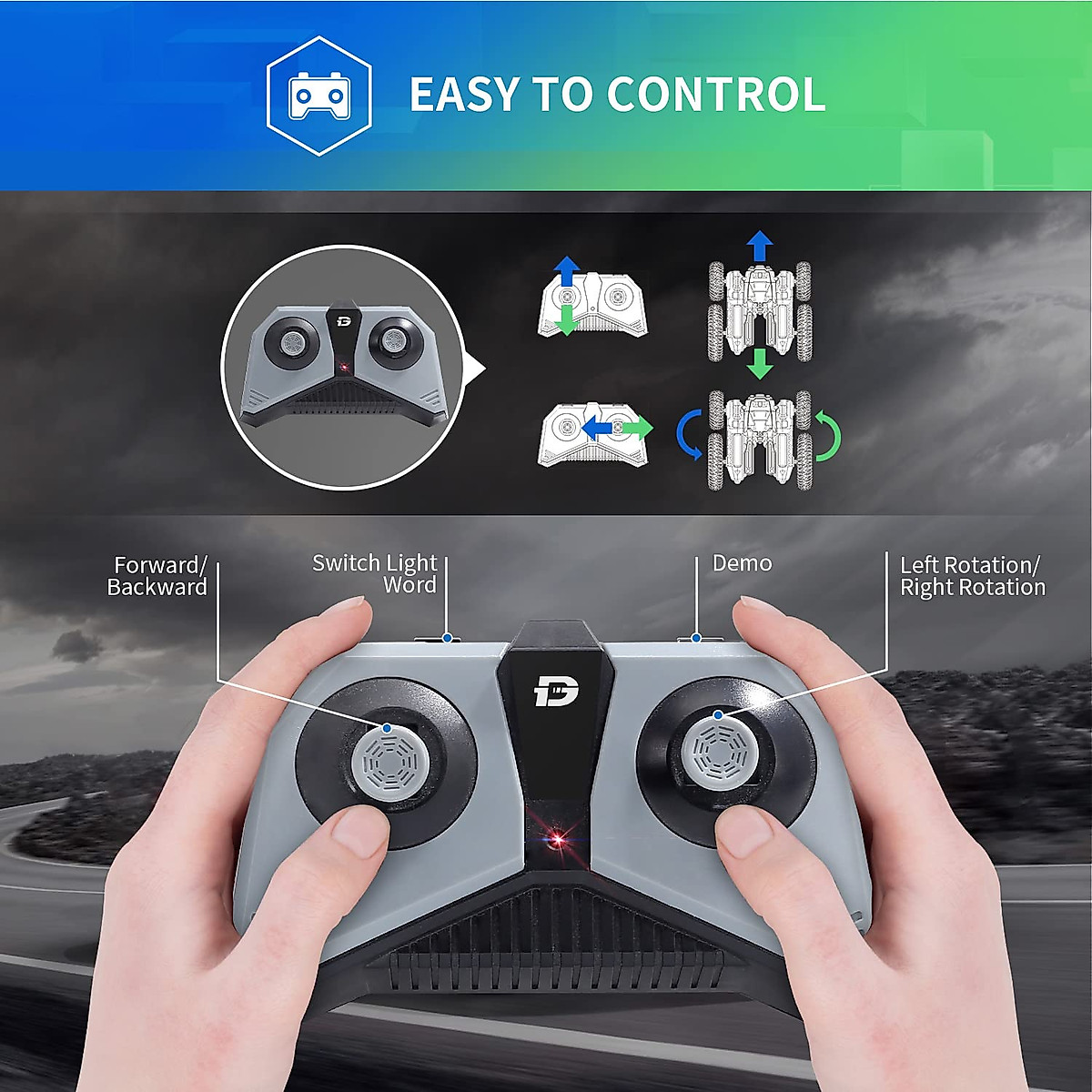 DEERC RC Stunt Car W/Flashing Lights,360 Degrees Tumbling & Rotating W/Novelty Luminous Words,4WD Drift High Speed RC Car,2 Sided Remote Control Car for Boys, 2.4G Crawler Toy Gifts for Kids