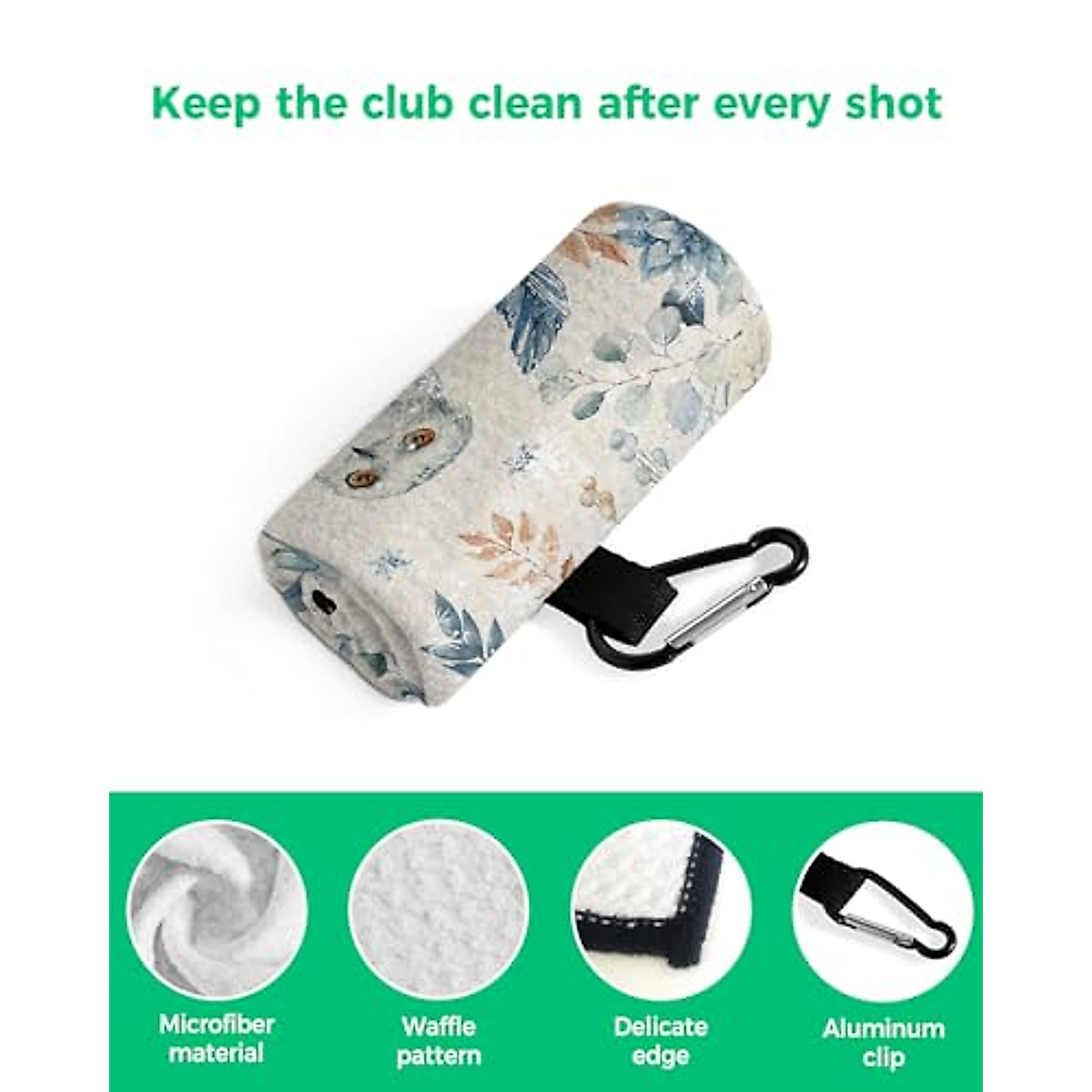 Golf Towel Christmas Eucalyptus Leaves Owl Retro Linen,Waffle Pattern Microfiber Club Cleaner Golf Towels with Carabiner Clip for Women Men Dad,Xmas Plant Animal Golf Towel for Golf Bags,24x16in