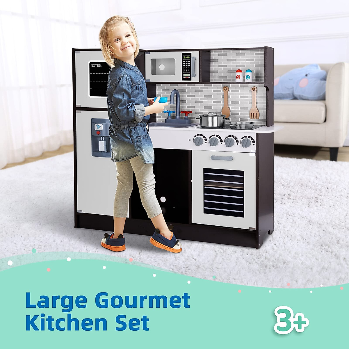 TOOKYLAND Kids Kitchen Playset, Wooden Chef Play Kitchen for Toddler with sink,oven,range Hood,stove,ice maker and microwave, Prefect Kitchen Toys for Toddlers as Gift