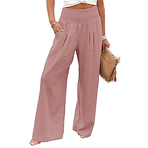 Women's Plus Size Pure Color Pants Elastic High Waist Wide Leg Palazzo Lounge Smocked Casual Trousers Pink 3XL
