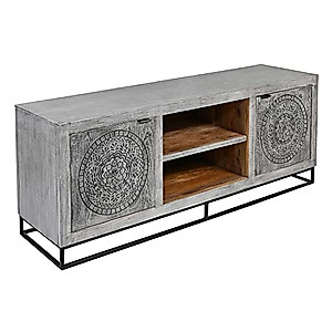 The Urban Port 63-Inch Handcrafted TV Media Entertainment Console, 2 Medallion Engraved Doors, Sandblasted Gray Mango Wood, Black Iron Stand