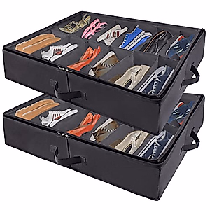 ORLANG Under Bed Shoe Storage Set of 2, Shoe Organizer Under Bed Fits 24 Pairs,Underbed Shoe Storage with Clear Window and 2 Sturdy Handles and Sturdy Zipper,breathable Materials (Grey)