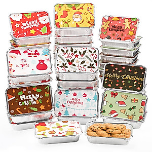 MADHOLLY 50Pack Christmas Cookie Tins with Lids- Heavy Duty Christmas Aluminum Pans with Lids Foil Treat Containers for Christmas Holiday Treats Cookie Exchange Gift Giving Leftovers, 10 Styles