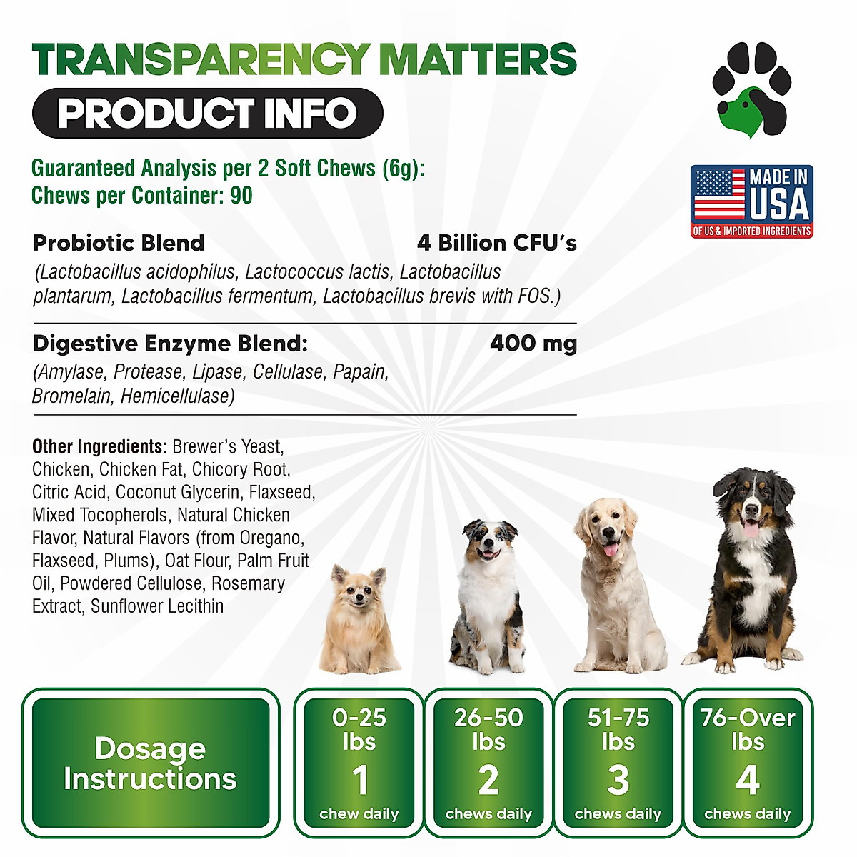 Probiotics for Dogs All Ages - Dog Probiotics for Digestive Health - Digestive Enzymes for Gut Flora, Diarrhea & Bowel Support - Gut Health Support Prebiotics for Dogs - 90 Probiotic Chews for Dogs