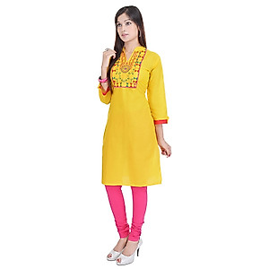 Chichi Women's Indian Plain Embroidered Neck Cotton Kurti Top, Yellow, Large
