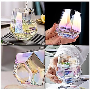 GoldArea Wine Glasses Set of 6 (10oz), Stemless Wine Glass for Red and White Wine, Diamond Shaped Iridescent Glassware for Whiskey, Cocktail, Gift for Anniversary, Wedding, Housewarming