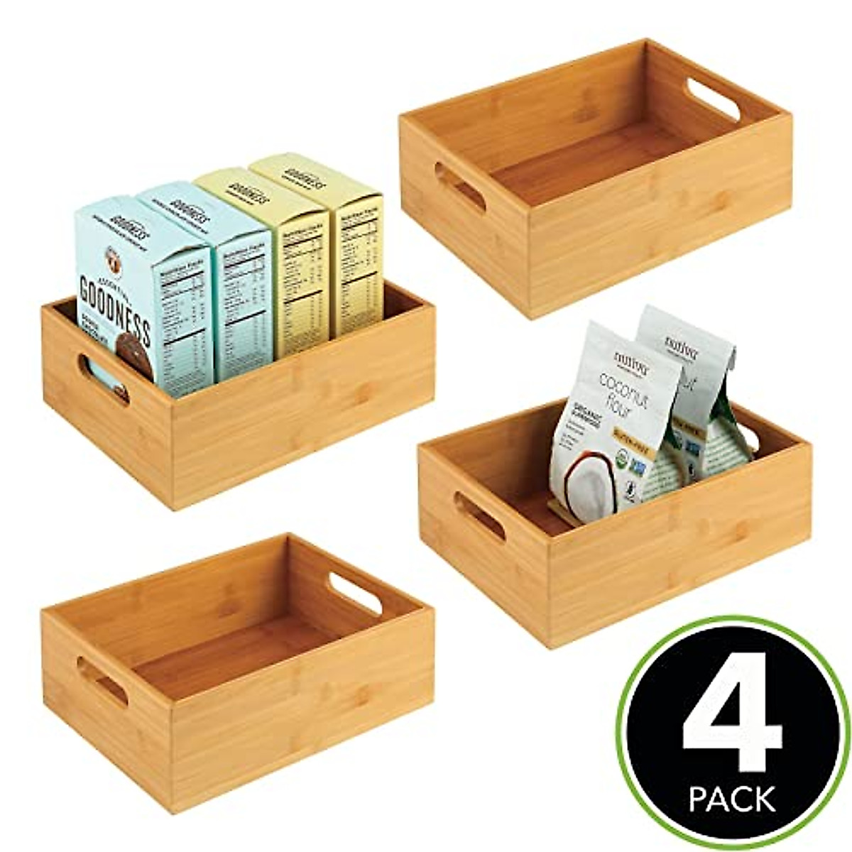 mDesign Bamboo Wood Organizer Storage Bin Open-Top Box with Built-In Handles for Kitchen, Pantry Organization; Holds Flatware, Dry Goods Boxes, Cooking Essentials, Echo Collection - 4 Pack - Natural
