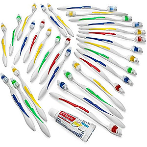 Variety Savings 50 Toothbrushes Bulk Wholesale Quantity Standard Size, Dental Care Toiletries, Medium Soft Bristles, Individually Wrapped, Homeless Care, Disposable Use, Hotels, Travel,