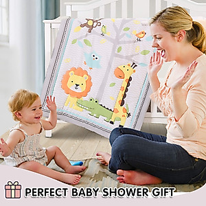 Honkaii 4Pcs Crib Bedding Sets for Boy, Zoo Baby Bedding Sets Neutral with Comforter Fitted Sheet Crib Skirt Blanket, Machine Washable, Suitable for 28 x 52 Inch Cribs,Nursery Bedding Set (Gray)