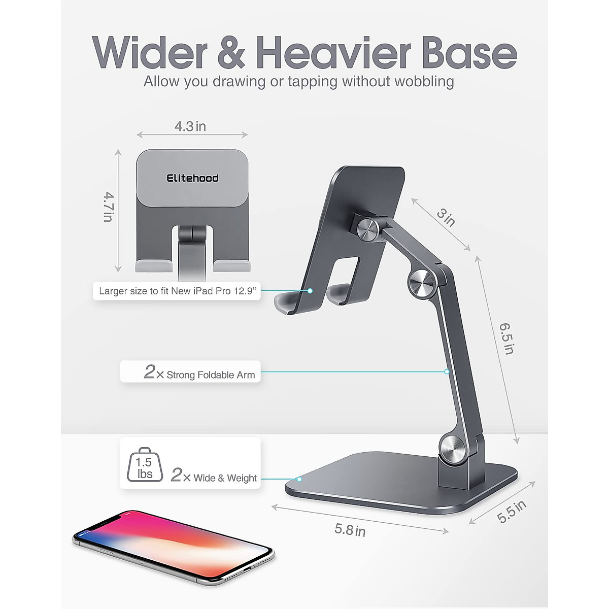 elitehood Aluminum iPad Stand, Adjustable iPad Stand Holder for Desk, Desktop Tablet Stand Dock for iPad Pro 12.9 11, iPad Air Mini 4 5 and More 4-13 inches Tablets, Gray