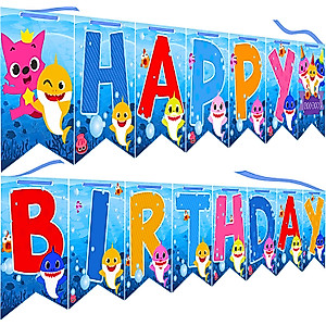 Baby Shark Happy Birthday Banner DOO Garland Shark Theme Party Supplies For Kids Baby Shower Party and Children Birthdays Party Decorations Set of 15 flags
