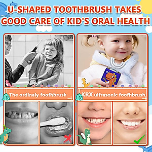Kids Electric Toothbrush U Shape Dinosaur Ultrasonic Automatic Toothbrush with Replacement Soft Bristles Heads Six Modes 360°Oral Cleaning IPX7 Waterproof Smart Rechargeable Toothbrush (3. Orange)