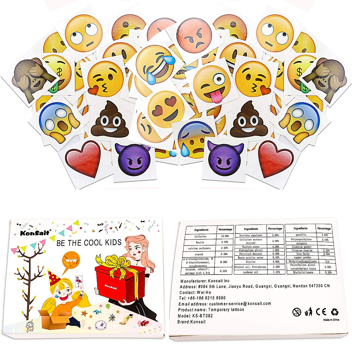 Emoji Temporary Tattoo(160pcs 2inch),Konsait Funny Emoji tattoos Body Stickers for Kids Children Adults for Emoji Party Favors Supplies with Poop Kissing Heart Sunglasses Smirk Relaxed Smile Emoticon