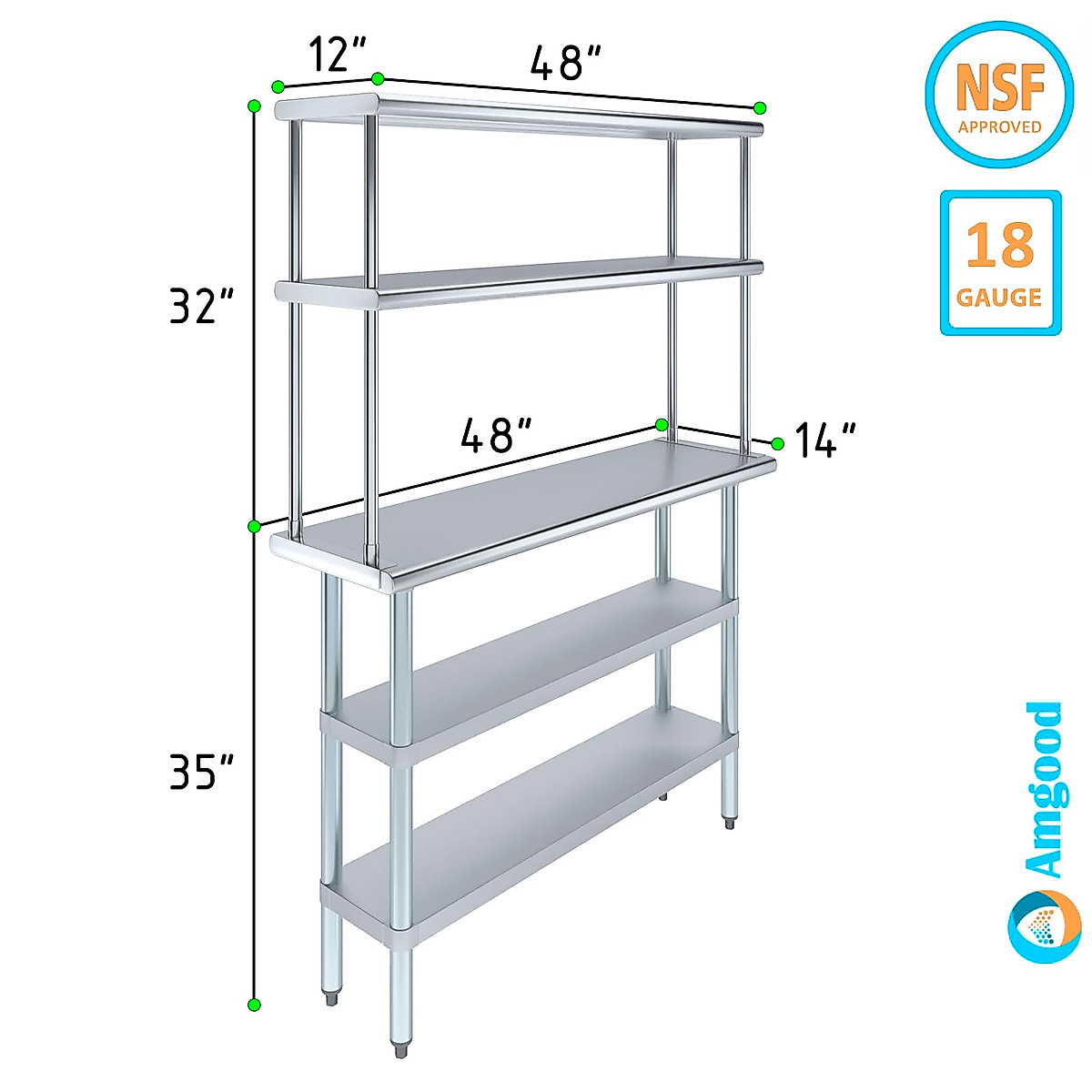 Amgood Stainless Steel Work Table with 2 Shelves | Metal Kitchen Prep Table & Shelving Combo (14" x 48" Table with 2 Shelves + 12" Overshelf)