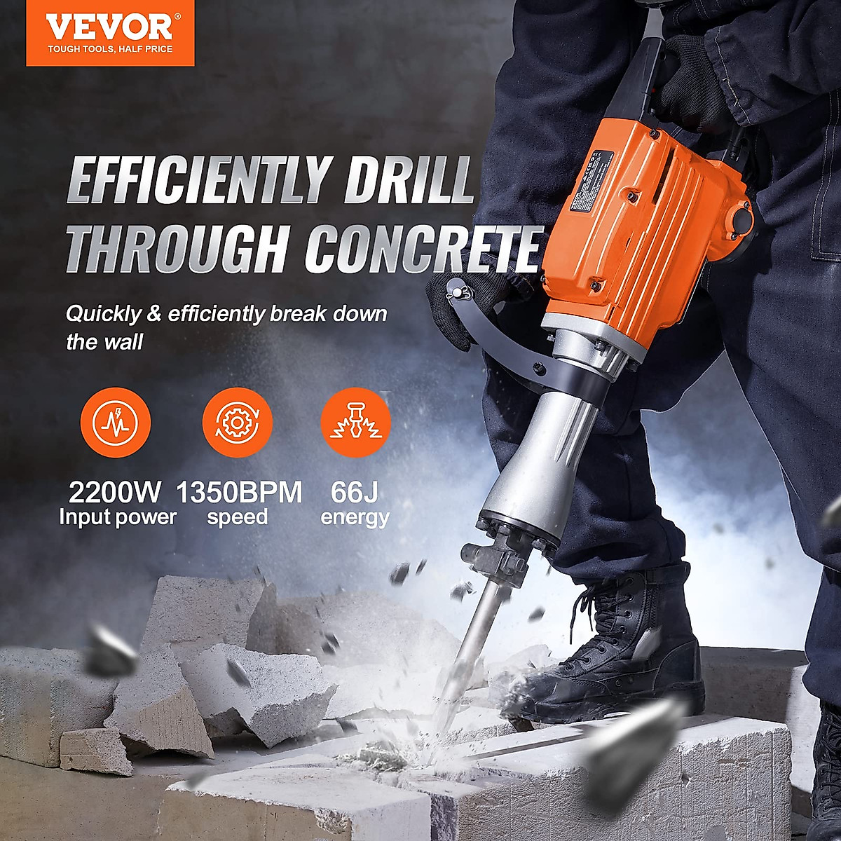 VEVOR Demolition Jack Hammer, MAX 2200W Electric Jackhammer Heavy Duty, 1350 BPM Concrete Breaker 6pcs Chisels Bit Chipping with Case