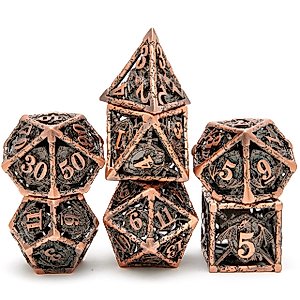 Hollow Metal DND Game Dice Set Shield and Dragon Sword，with Metal Gift case for Dungeons and Dragons RPG MTG Table Games D&D Pathfinder Shadowrun and Math Teaching (Ancient Copper)