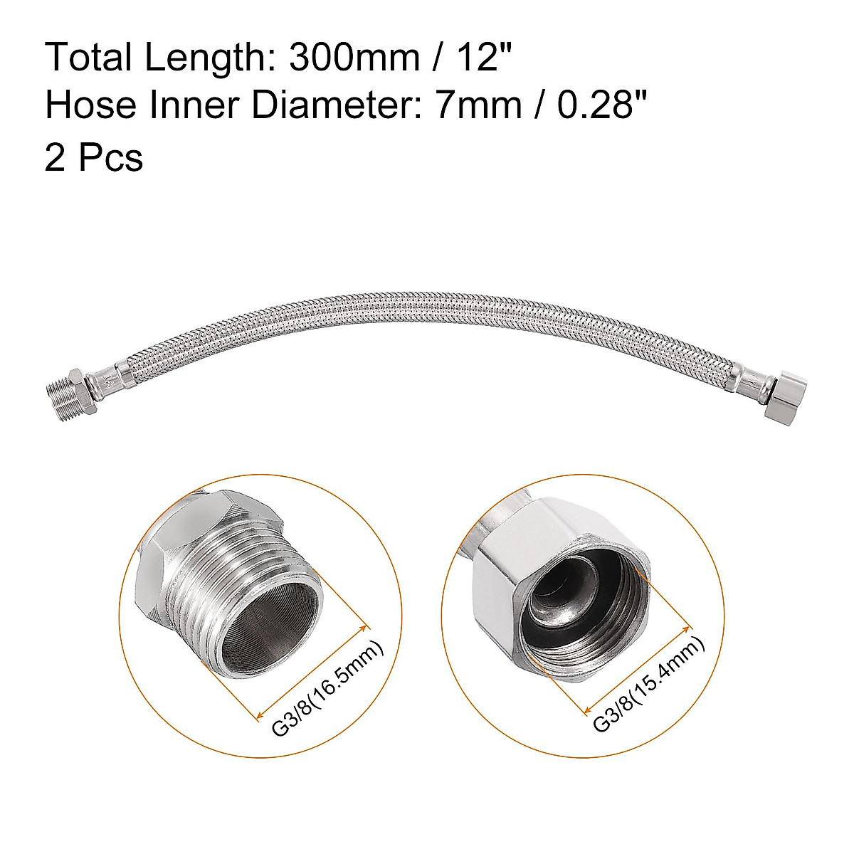 uxcell 12 Inch Long Faucet Supply Line Connector, 2pcs G3/8 Female Compression Thread x G3/8 Male Connector Straight Thread 304 Stainless Steel Water Supply Hose Line