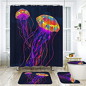 DuoBaorom 4 Pieces Set Jellyfish Shower Curtain Set Abstract Ocean Marine Animal Picture on Non-Slip Rugs Toilet Lid Cover Bath Mat and Bathroom Curtain with 12 Hooks 72x72inch