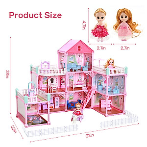 CUTE STONE Dollhouse, Doll House with Flashing Lights, Pretend Play Toddler Dollhouse Sets with 2 Dolls, Furniture, 8 Rooms and Doll Accessories, Creative Gift for Girls, L32 xH23