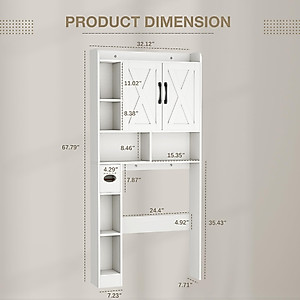 JUMMICO Over The Toilet Storage Cabinet, Bathroom Organizer with 2 Magnetic Doors and Adjustable Shelves, Home Space-Saving Toilet Rack with Paper Holder Stand, for Bathroom, Restroom, Laundry (White)