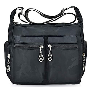 FiveloveTwo Lightweight Nylon Multi Pocket Hobo Shoulder Crossbody Bag Handbags and Purses for Women Men Top-handle Messenger Crossbody Bag Pack Totes Satchels Black Camouflage