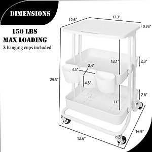 3 Tier Rolling Storage Cart with Table Top & Hanging Cups Utility Organizer Cart for Kitchen Bathroom Classroom, White