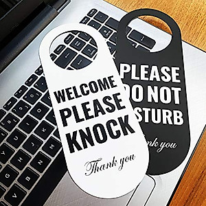 Do Not Disturb Door Hanger Sign 2 Pack (Black/White Double Sided) Please Do Not Disturb on Front and Welcome Please Knock on Back Side, for Office Home Clinic Dorm Online Class and Meeting Session